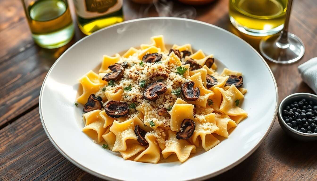Farfalle aux champignons des bois et fromage italien – Recette gourmande
