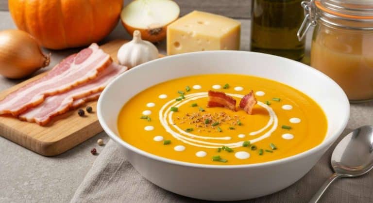 Velouté de potiron au fromage frais : recette gourmande et chips de lard