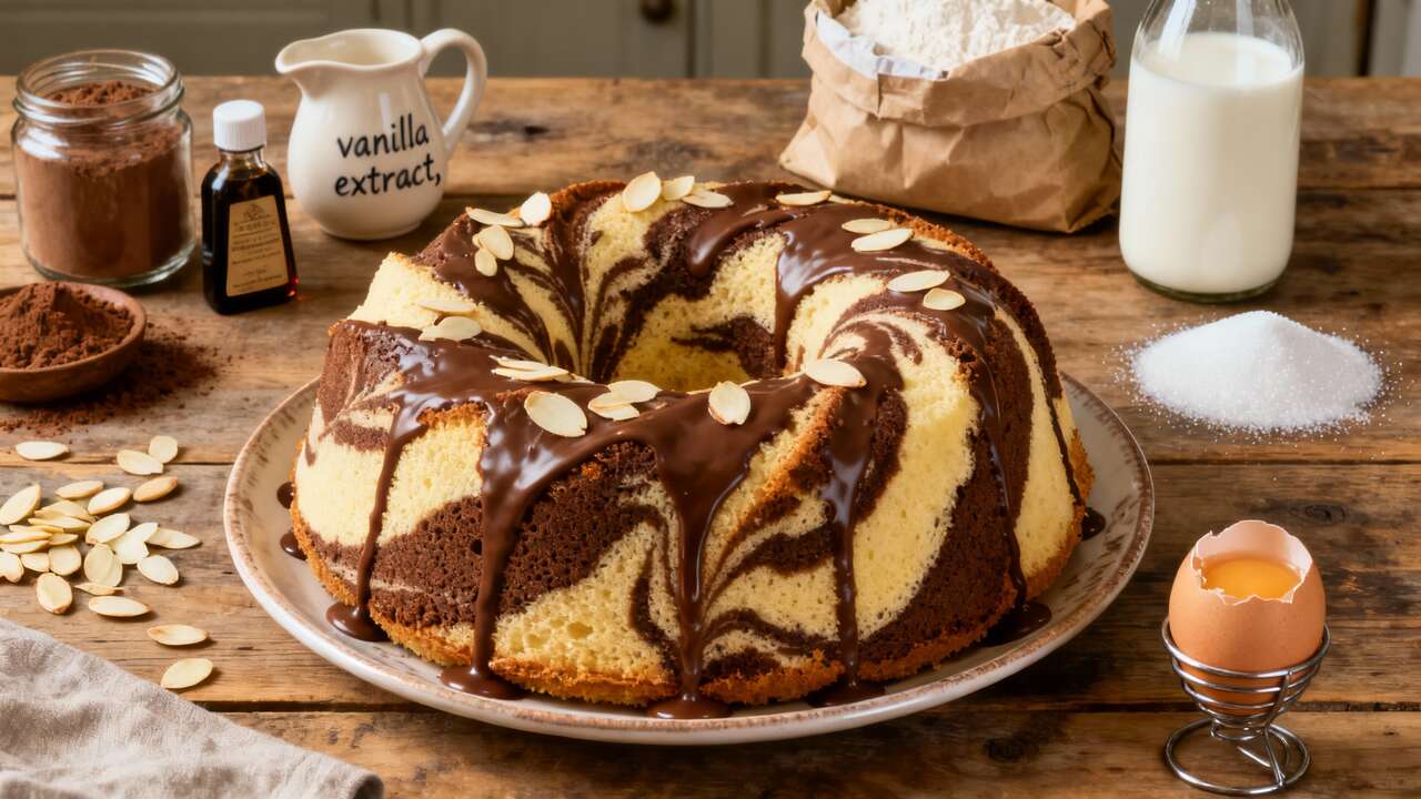 Cake marbré vanille-chocolat : recette glaçage amande et chocolat